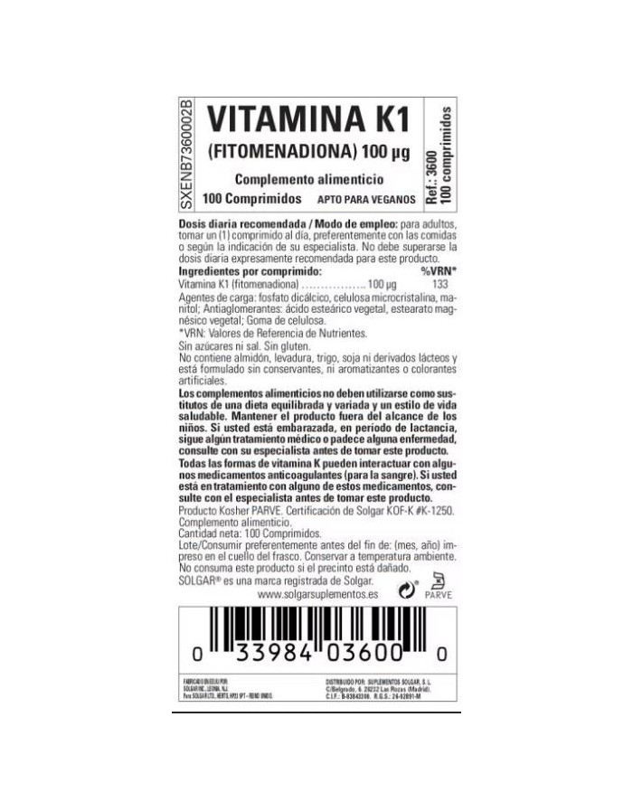 Solgar Vitamina K1 (Fitomenadiona) 100 μg 100 comprimidos