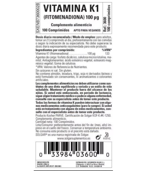 Solgar Vitamina K1 (Fitomenadiona) 100 μg 100 comprimidos